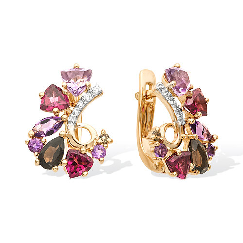 Серьги, золото, 585 проба, фианит, раухтопаз, родолит, аметист