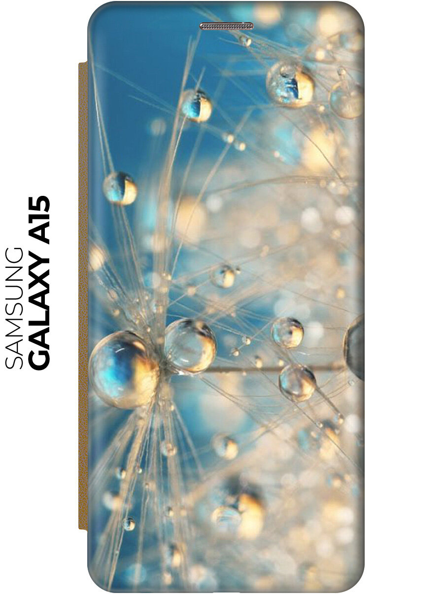 Чехол-книжка на Samsung Galaxy A15 / Самсунг А15 с рисунком "Одуванчик в капельках" золотой