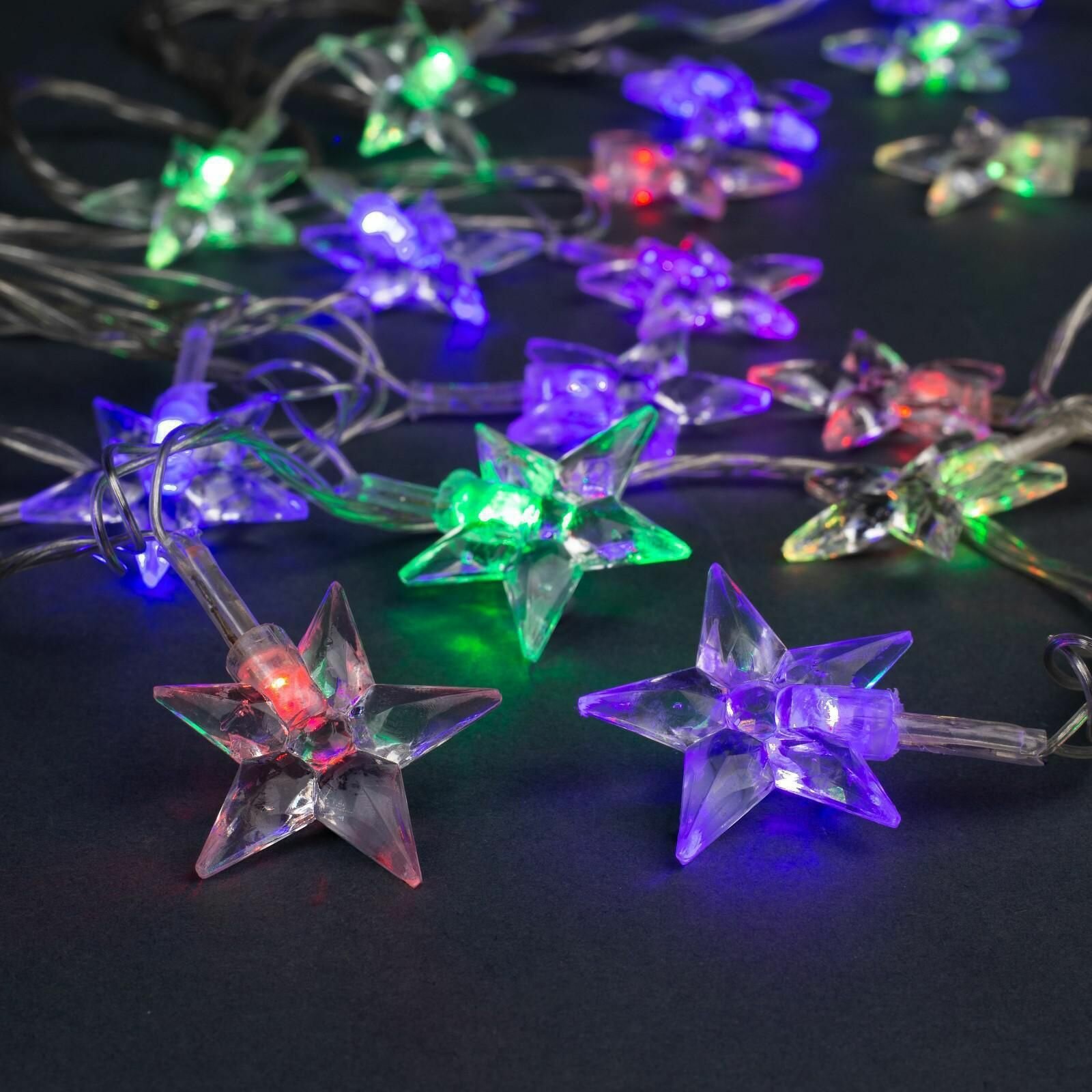 Гирлянда интерьерная светящаяся "Нить" 5 м, с насадками "Звезда средняя", IP20, прозрачный шнур, 20 LED, свечение мульти (RG/RB), мигание, работает от сети, 220 В, новогодняя электрогирлянда для украшения дома и на елку, праздничный декор на новый год