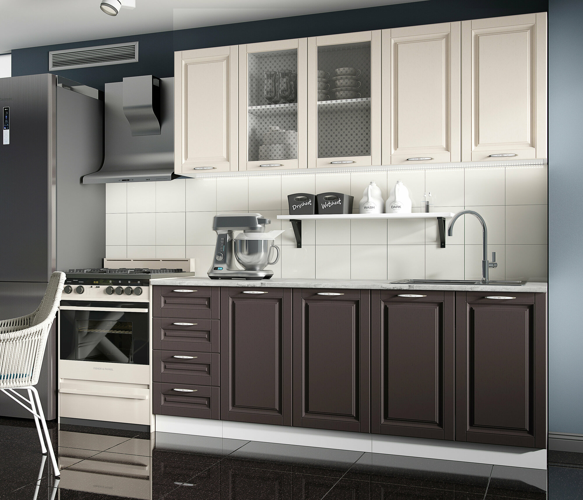 Кухонный гарнитур столплит Вита ЛДСП, МДФ, Шато крем/Шато арабика, 200х154,6х60 см