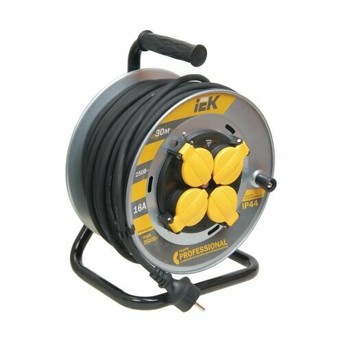 Удлинитель силовой IEK Professional, розеток 4шт, 3x2.5 кв. мм, 16A, 30м, КГ, катушка металлическая, серый [wkp17-16-04-30-44]