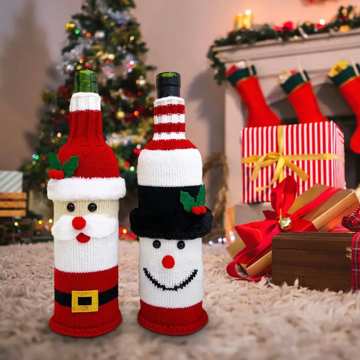 Новогодние украшения чехол на бутылку дед мороз и снеговик подарок на новый год