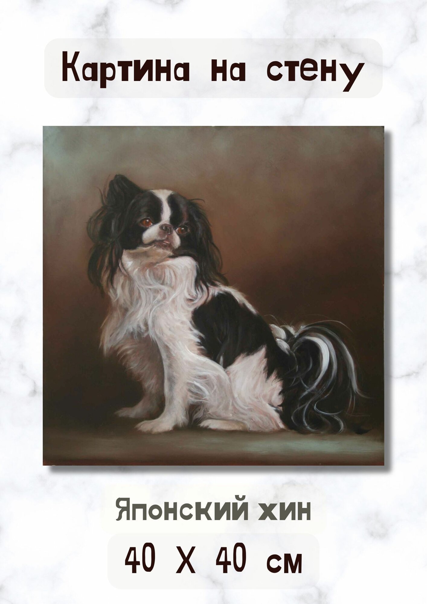 Картина "Японский хин" на холсте в рисованном стиле с маленькой собакой 40х40
