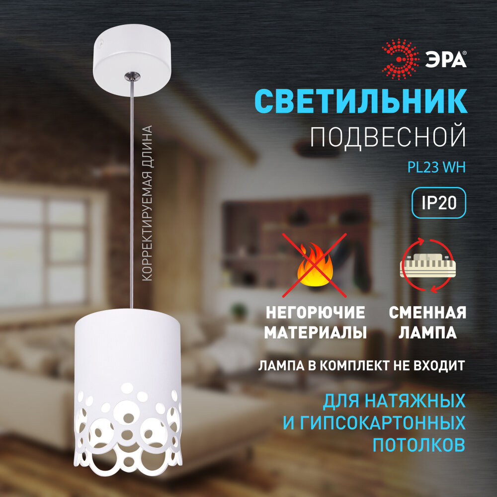 Светильник потолочный подвесной ЭРА PL23 WH GX53, металл, max15 Вт, d85 мм, IP20, белый