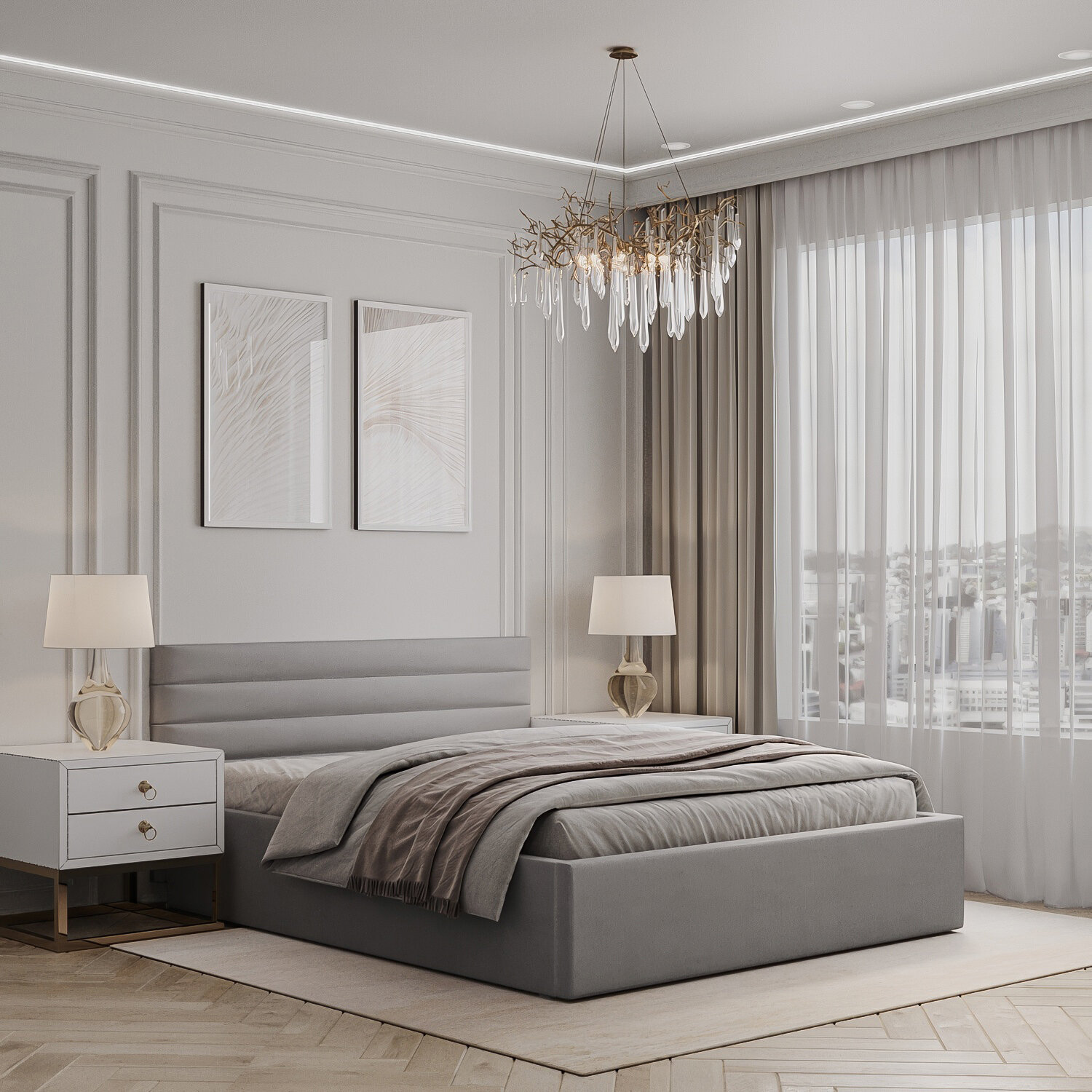 Кровать 180х200 двуспальная ортопедическим основанием, светло-серая