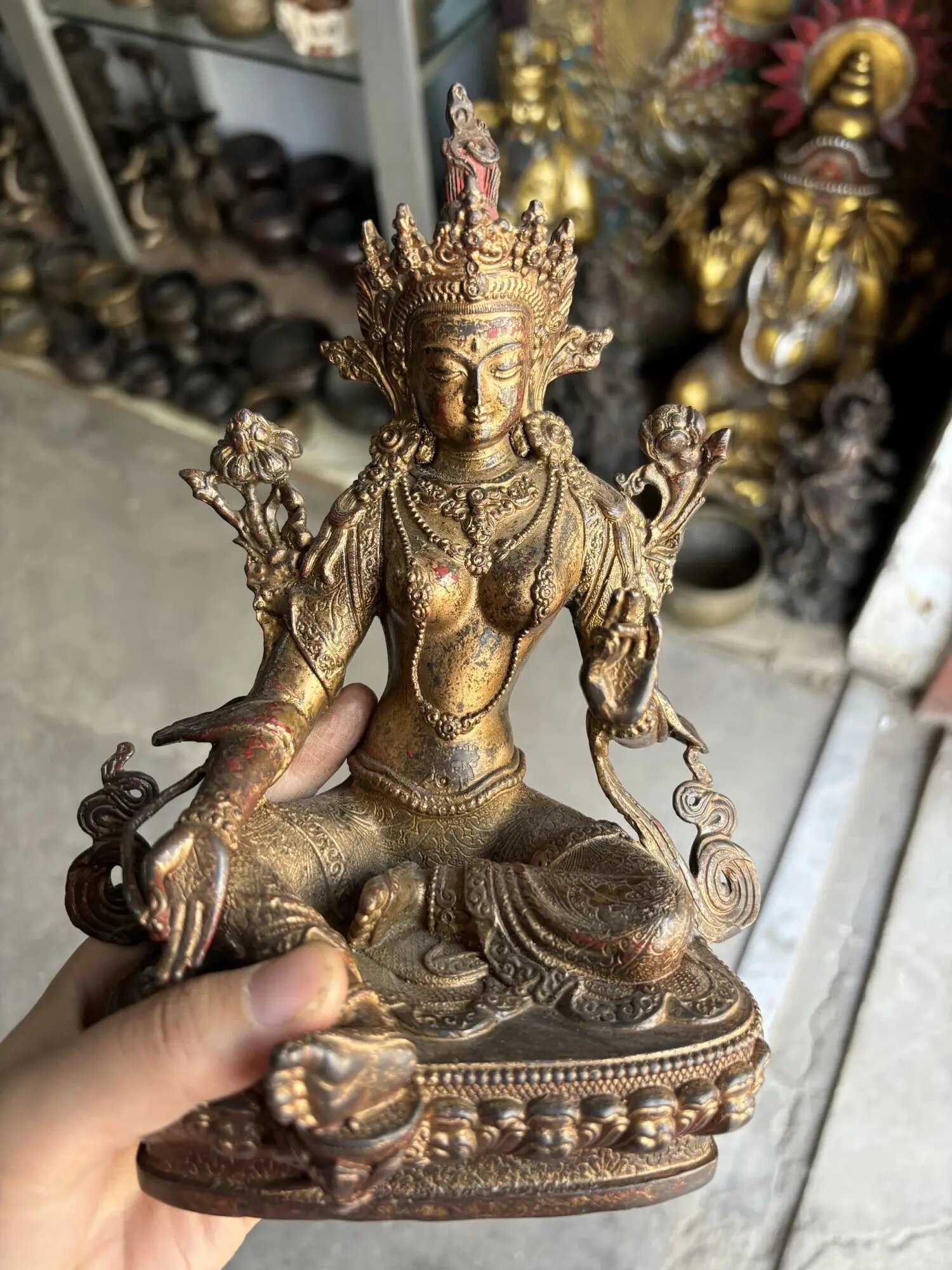 8,7-дюймовый китайский старый тибетский буддийский храм, бронзовая позолоченная статуя Будды Зеленой Тара