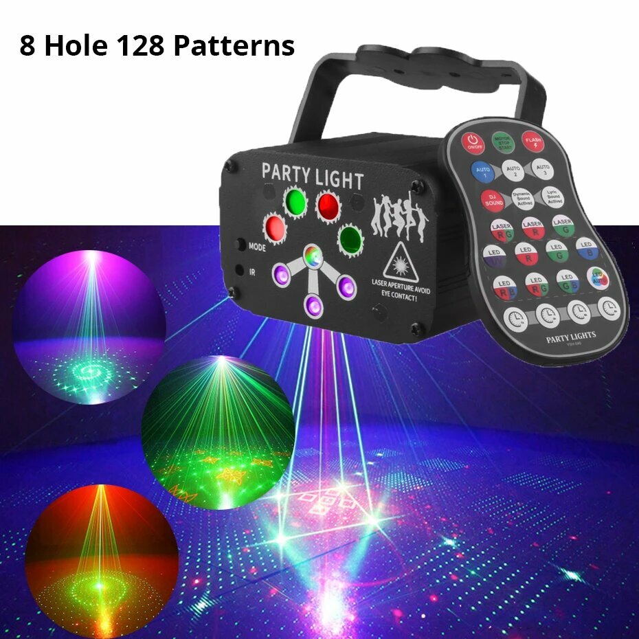 Мини диско лазерный светильник RGB, 8 Hole 128 Patterns, USB