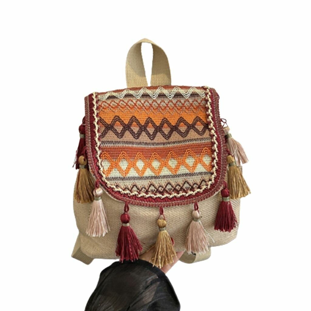 Женский этнический рюкзак с большим объемом и бахромой - оранжевый