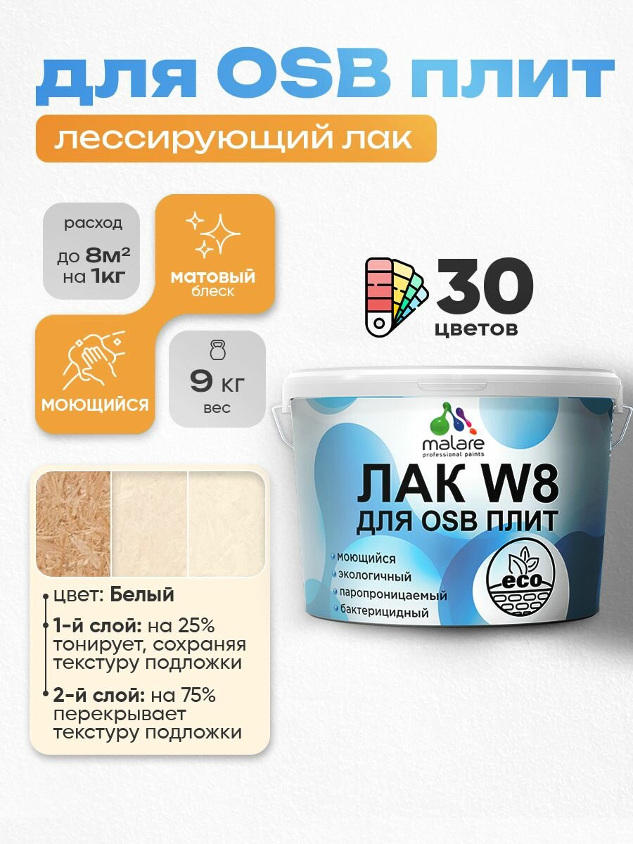 Лак колерованный тонирующий для защиты ОСБ плит Malare W8 для дерева и минеральных поверхностей, паропроницаемый водный без запаха, матовый, белый, 9 кг.