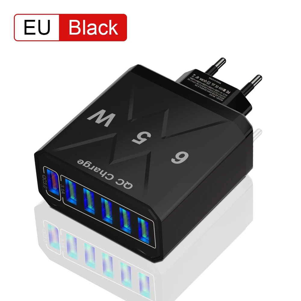 Зарядное устройство EU 65W, 6 портов, QC3.0, Black