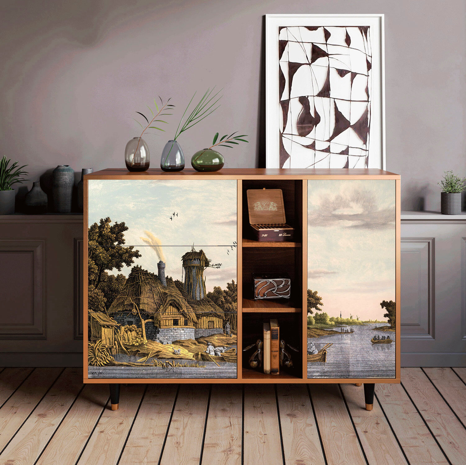 Комод - STORYZ - BS2 Mill along a River by Jonas Zeuner, Разер - 125 x 97 x 48 см , Цвет корпуса - Орех