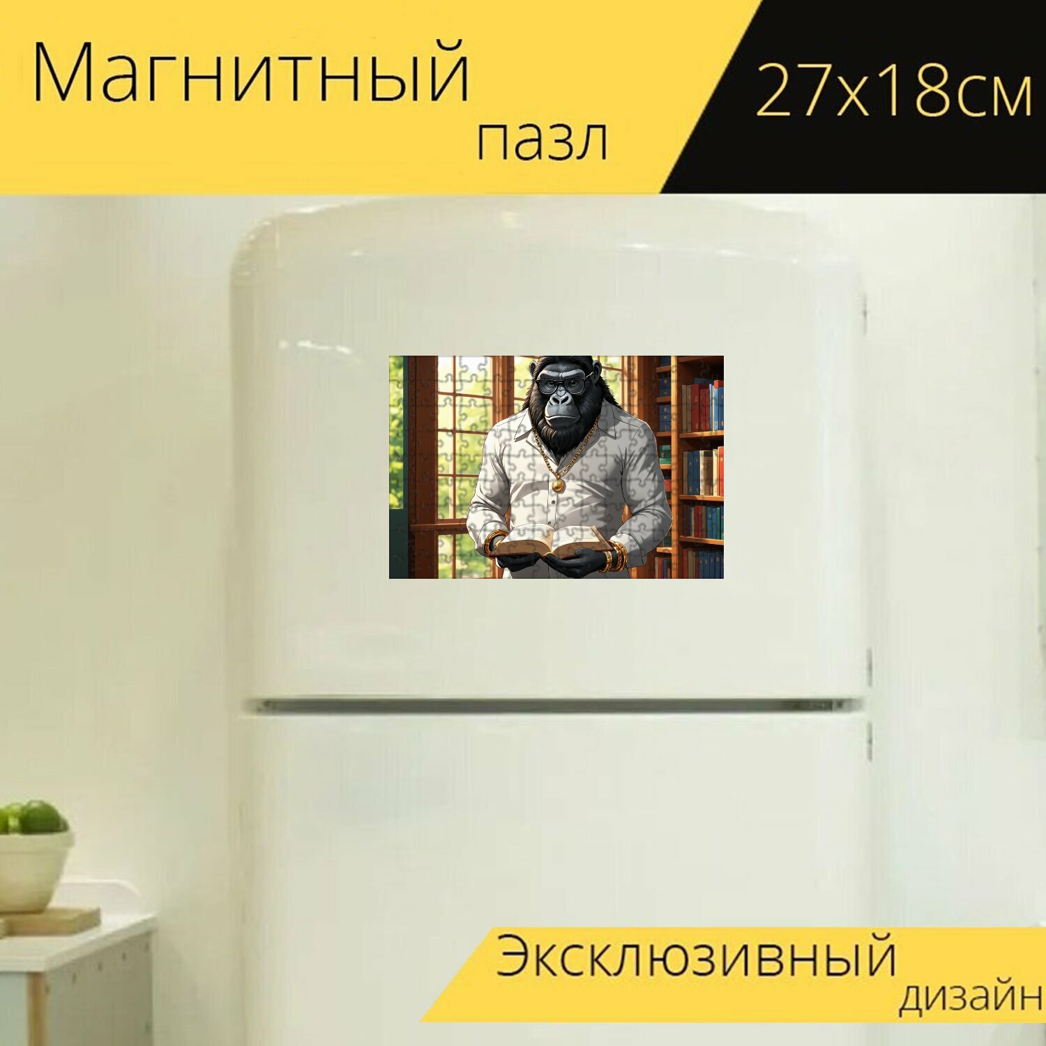 Магнитный пазл "Мудрая горилла в очках, одетая в белую рубашку с распахнутым воротником, стоит в уютной библиотеке, держа в руках книгу. У него длинные." на холодильник 27 x 18 см.