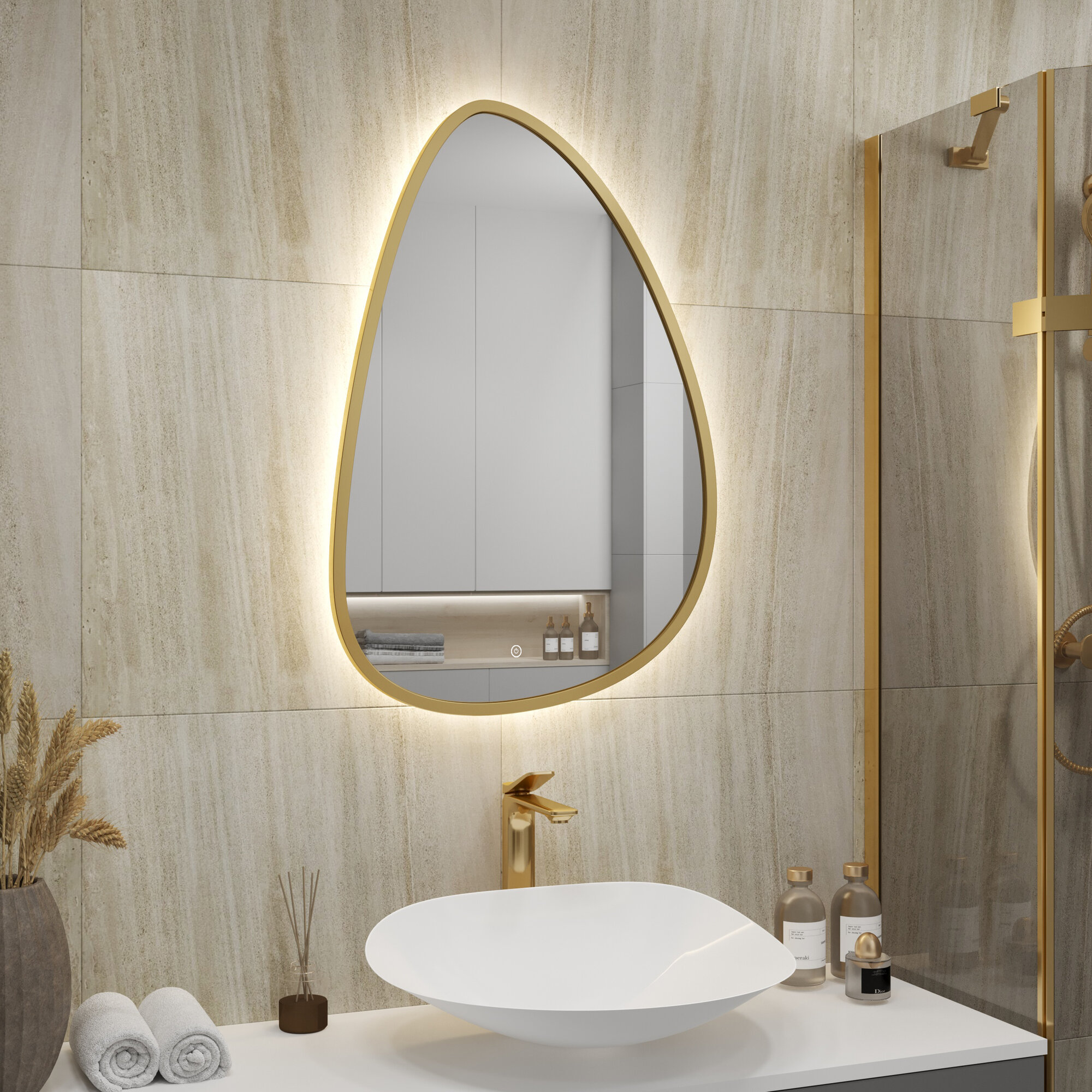 Зеркало в золотой раме 90х60 для ванной с тёплой LED-подсветкой, сенсор с диммером, класс защиты IP44 Max Mirrors