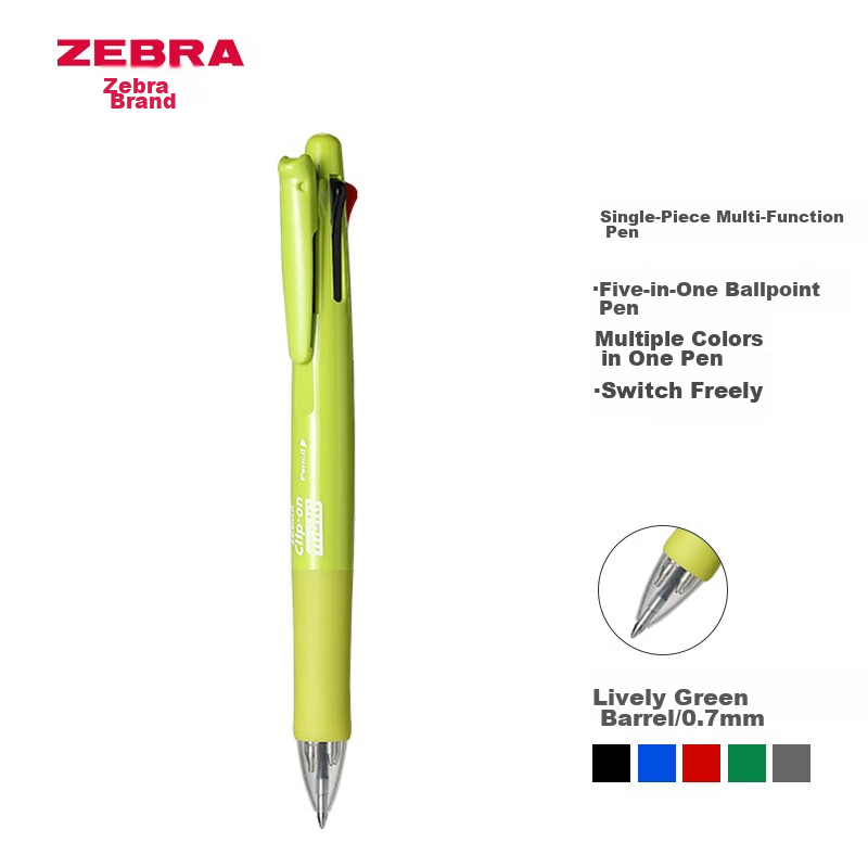 ZEBRA Five-In Multi-Color Pen (0.7mm Four-Color Ballpoint Pen + 0.5mm Mechanical Pencil), Black Blue Red Green, Student Business Office Signing Pen B4SA1, Vibrant Green Barrel