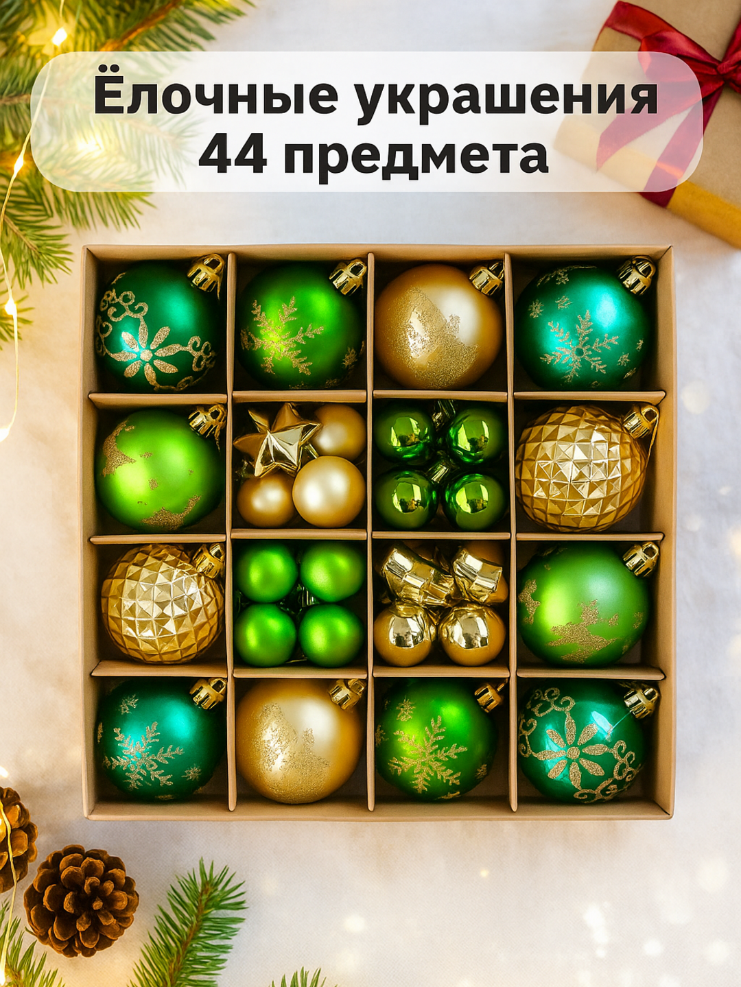 Новогодний набор елочных игрушек украшении и шаров 44 шт, Елочные украшения