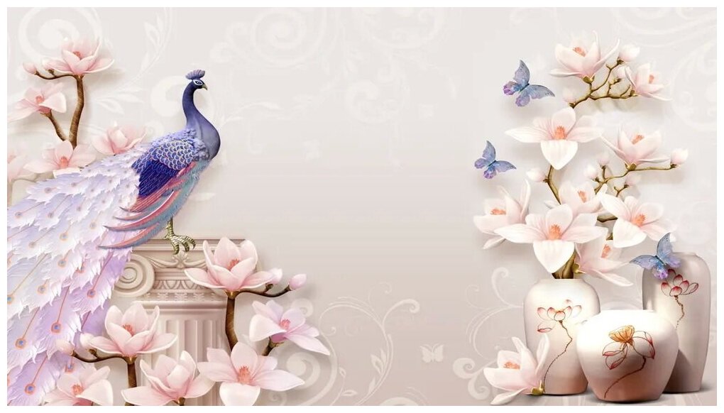 Фотообои на стену флизелиновые "3D Павлин" 450х253 см (ШxВ)