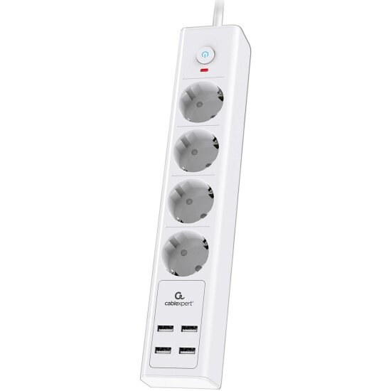 Сетевой фильтр Cablexpert Exnovo, 4 розетки, 4хUSB, 2м, белый, коробка
