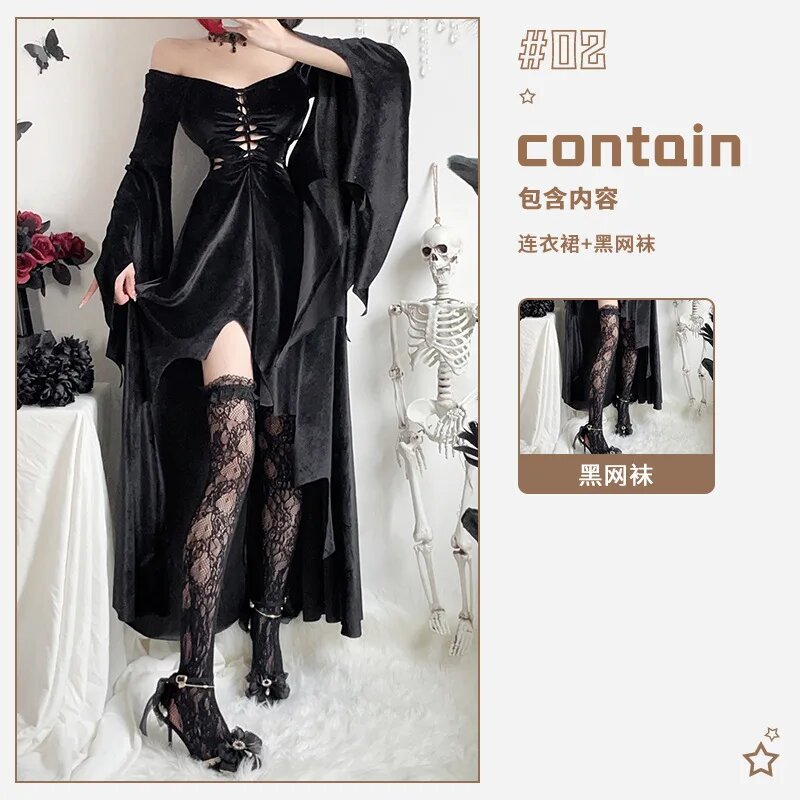 Женский аниме костюм ведьма черный S, dress with stockings