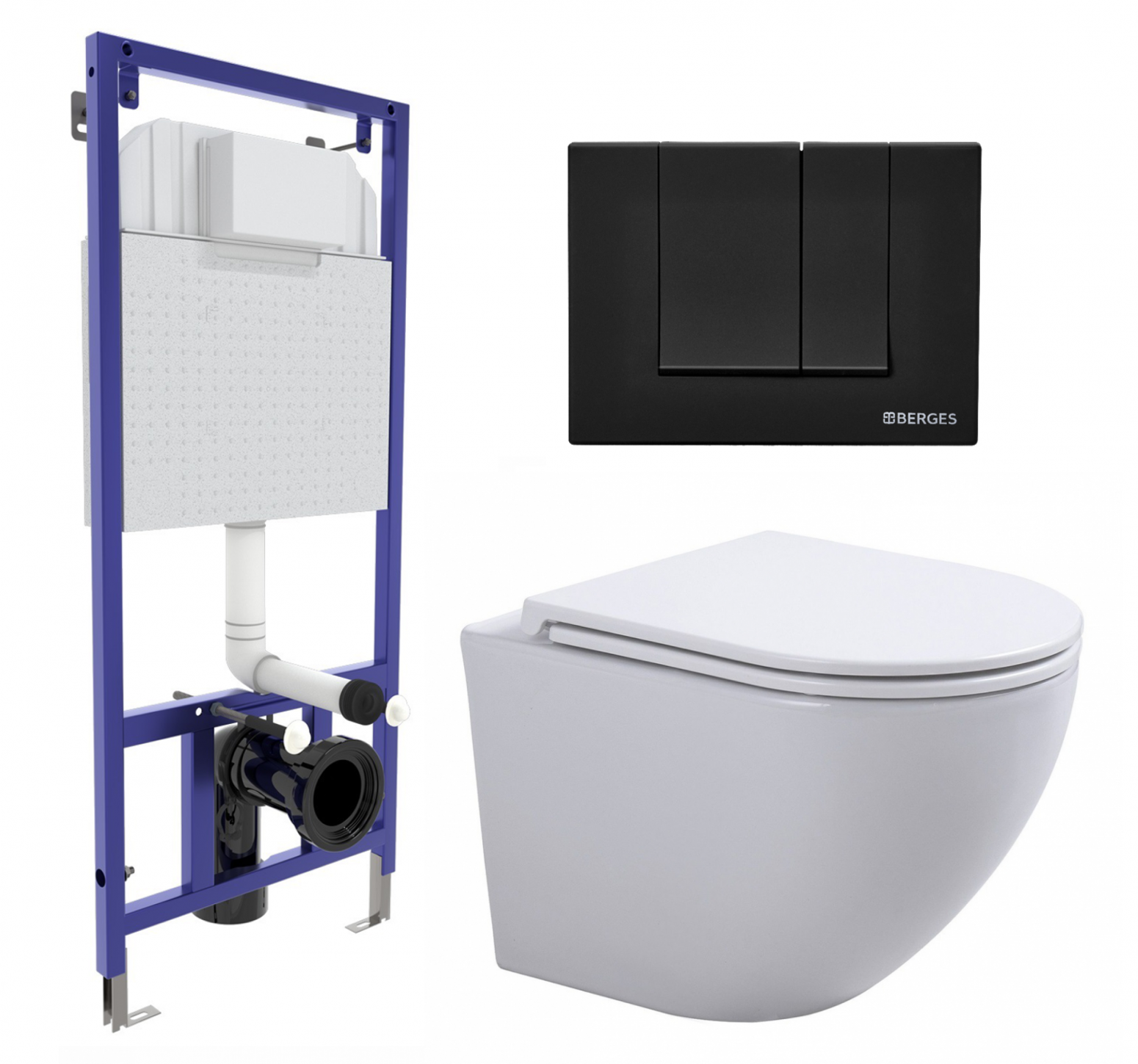Комплект 3 в 1 инсталляция Berges Wasserhaus Novum 040245 + Подвесной унитаз SinteSi EVI + кнопка черная