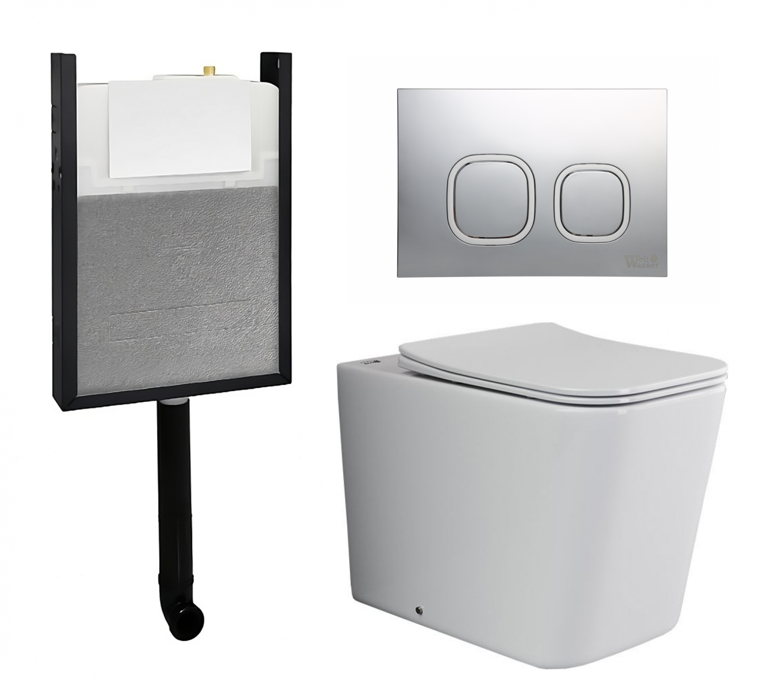 Комплект 3 в 1 смывной бачок скрытого монтажа WeltWasser WW Amberg + Унитаз приставной Ceramica Nova Cubic Rimless CN1809 + кнопка хром