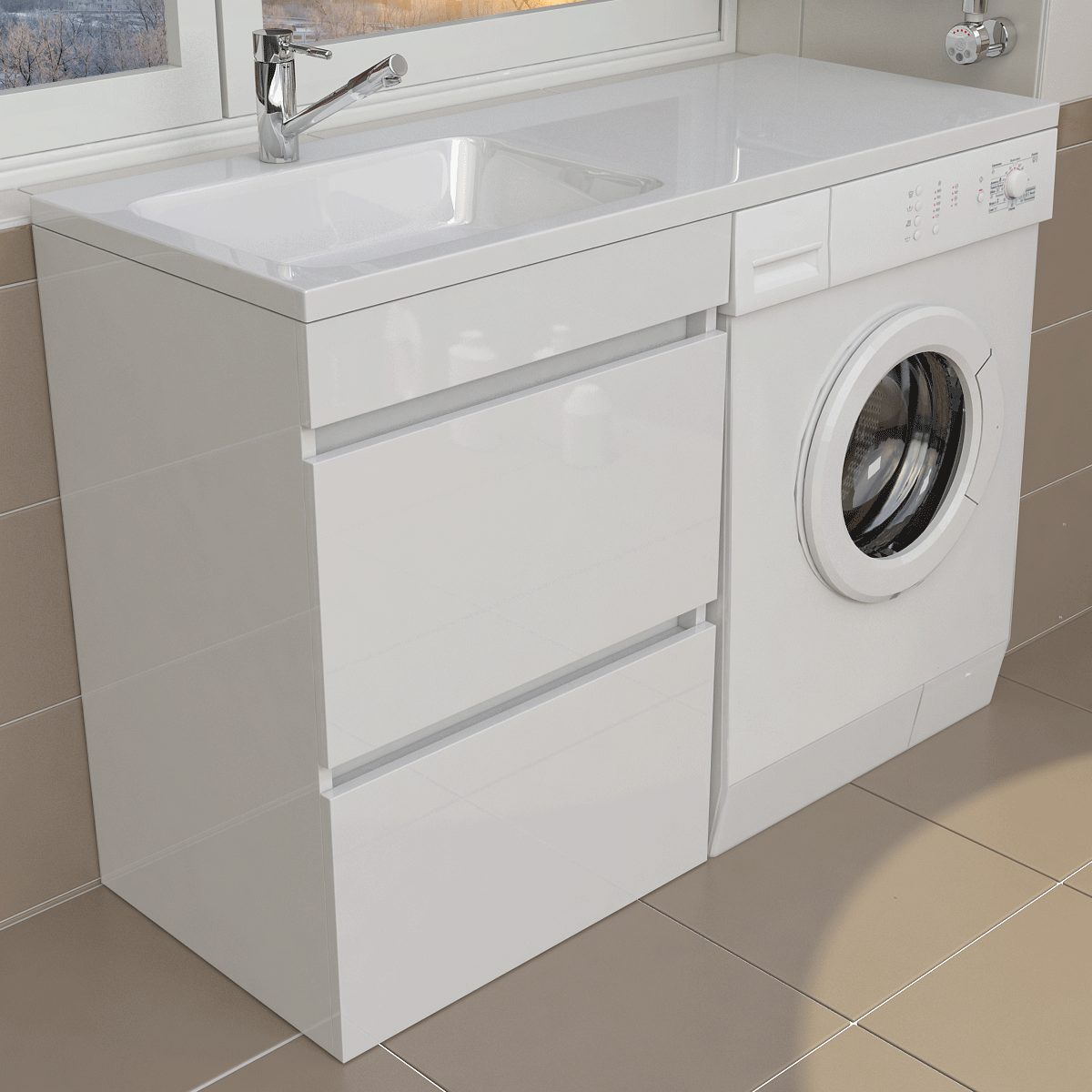 Тумба напольная EMMY Джерси 110, Левая, белая, 2 ящика, с умывальником Аванти 110, кронштейн в комплекте