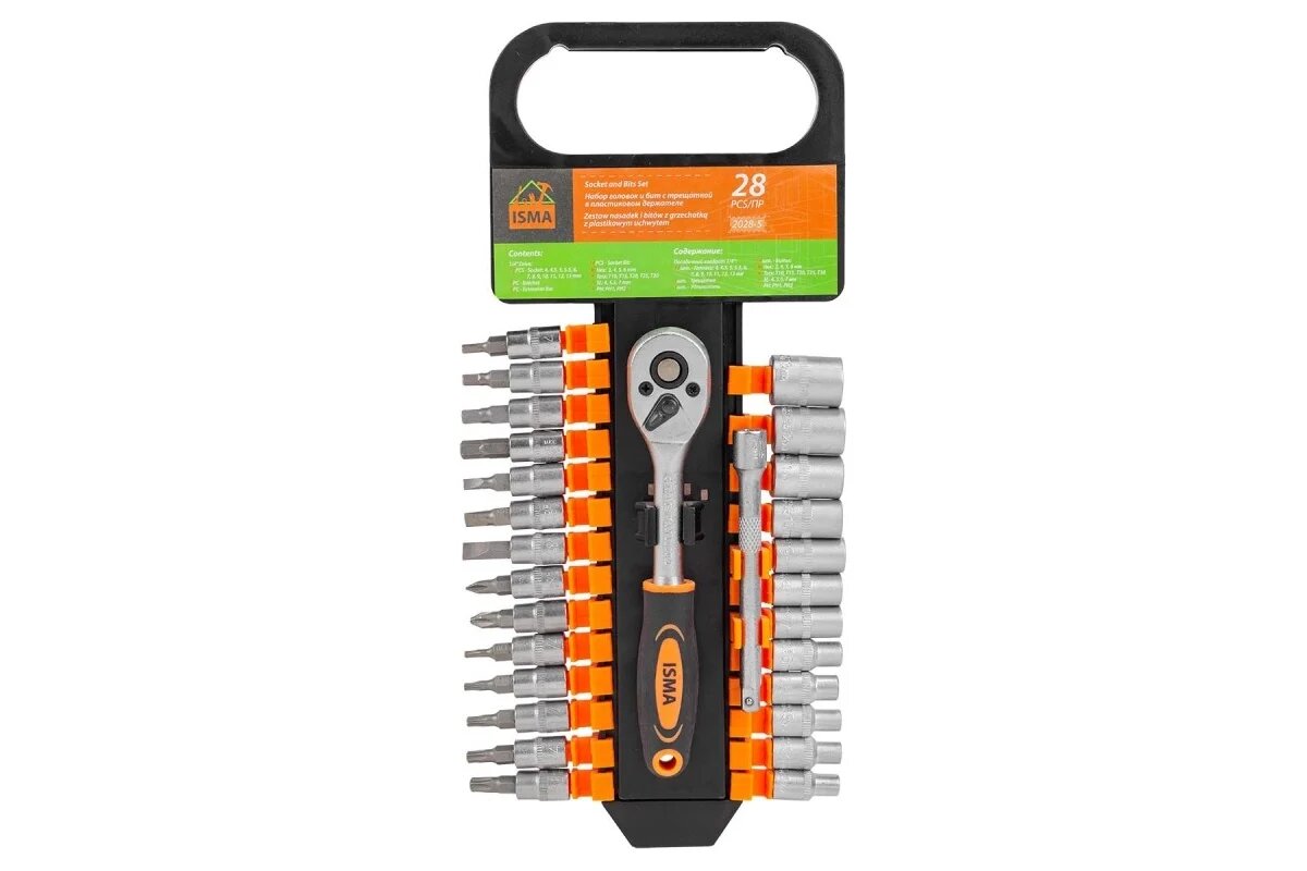 ISMA Набор головок и бит с трещоткой 28 предметов 1/4'(4-13мм, torx: t10,15,20,25,30, hex:3-6мм, sl:4,5.5,7мм, ph1,2), в пластиковом держателе ISMA-2028-5(51099)