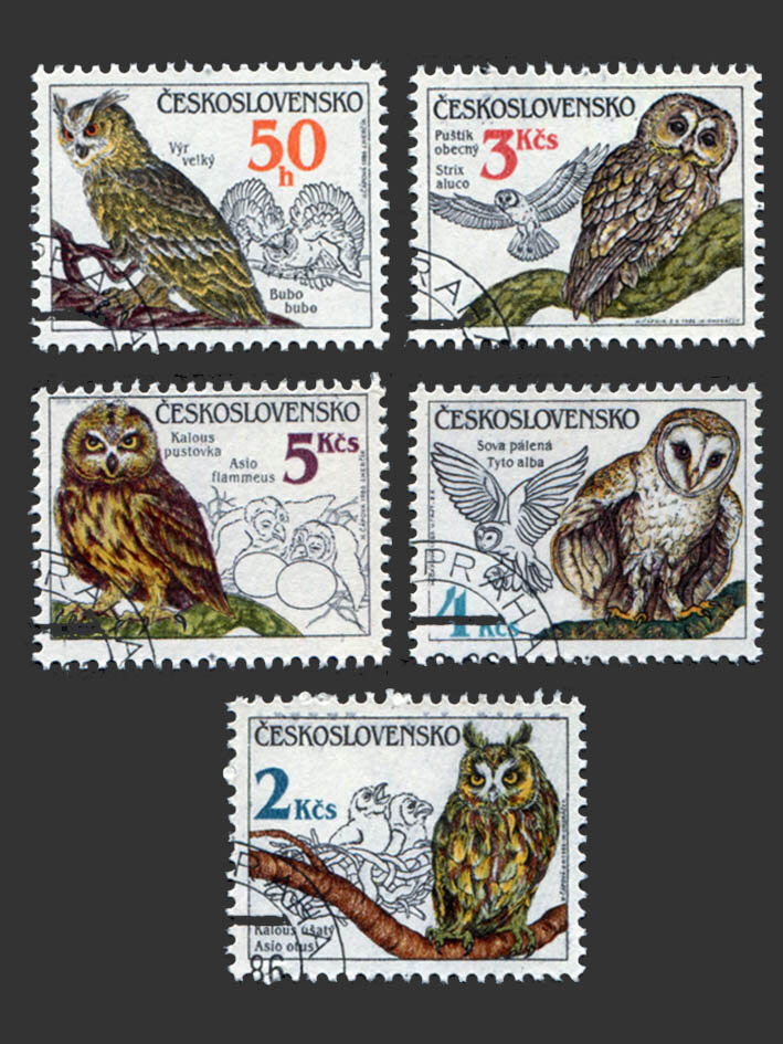 Чехословакия-1986. Совы. Серия из 5 марок. Гашение