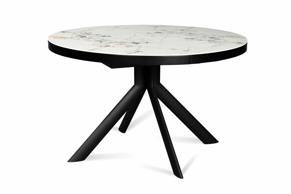 Стол обеденный керамический раздвижной ALFA 120 LUCKY CER на металлокаркасе, столешница керамика, 120(160)х120 см (белый нефрит глянец/черные ножки)