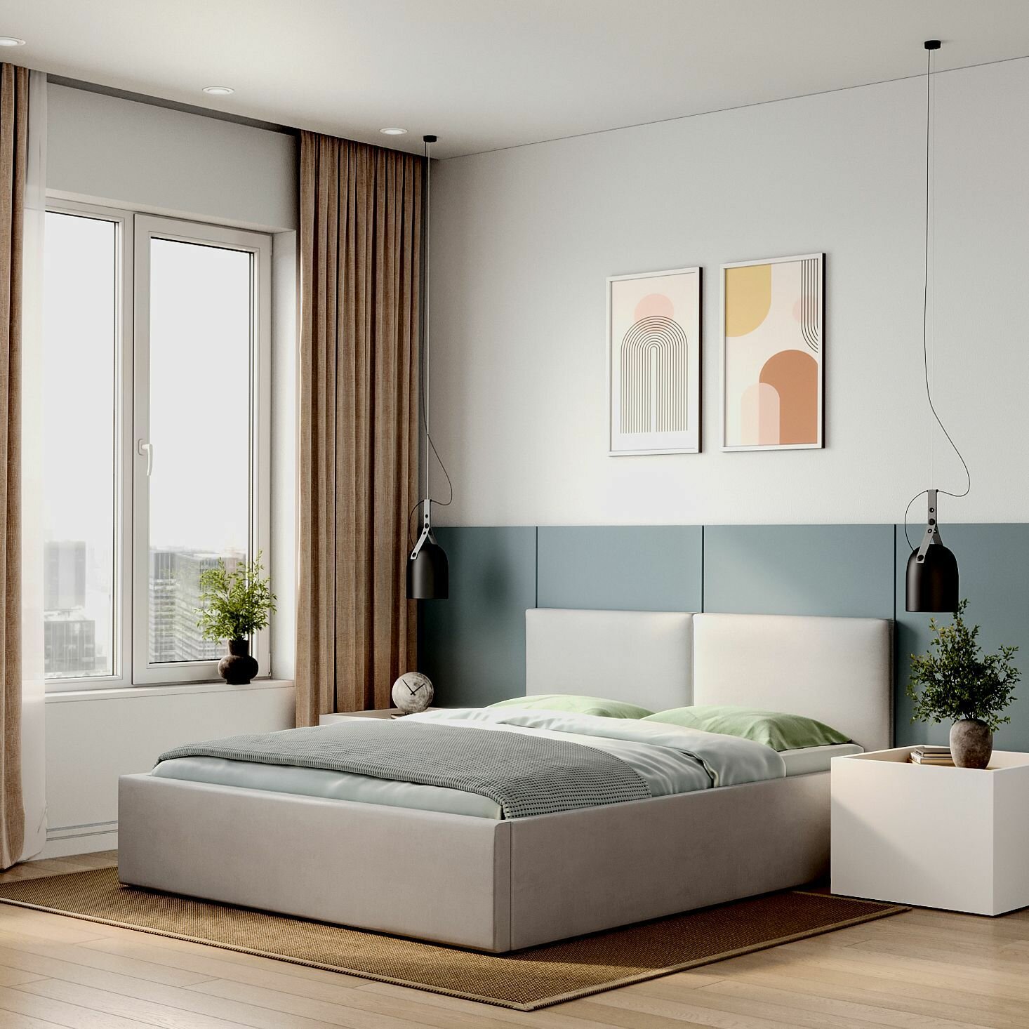 Кровать с матрасом Остин 200х200 двуспальная с ортопедическим основанием, светло-серая