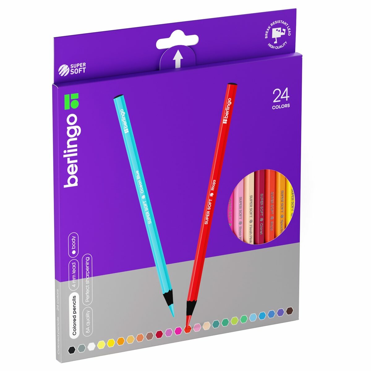 Карандаши цветные 24 цвета Berlingo "SuperSoft. Blackwood" (L=180мм, D=7мм, d=3.2мм, 6гр, черное дерево) картон (SS01824)