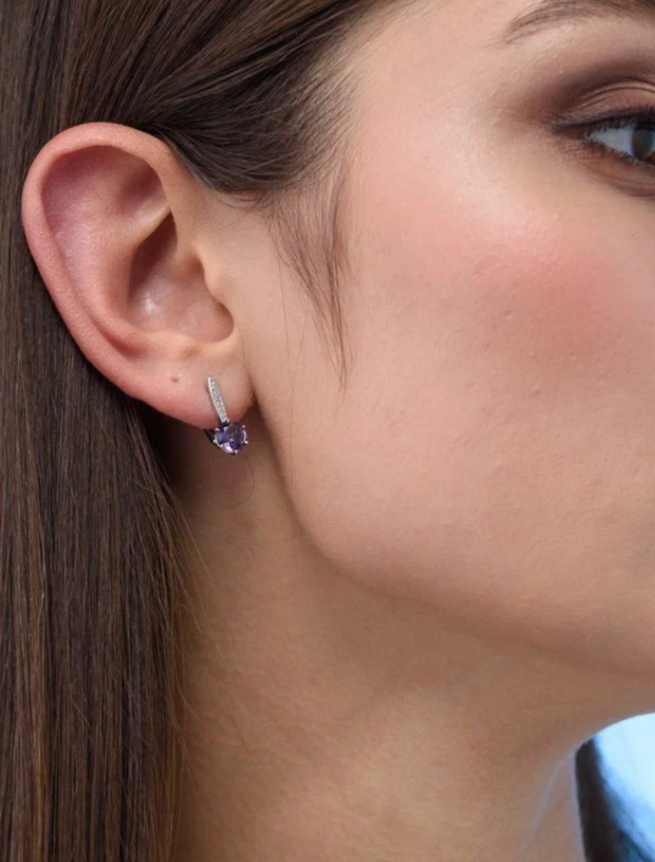 Серьги Argentum, серебро, 925 проба, родирование, аметист синтетический, фианит