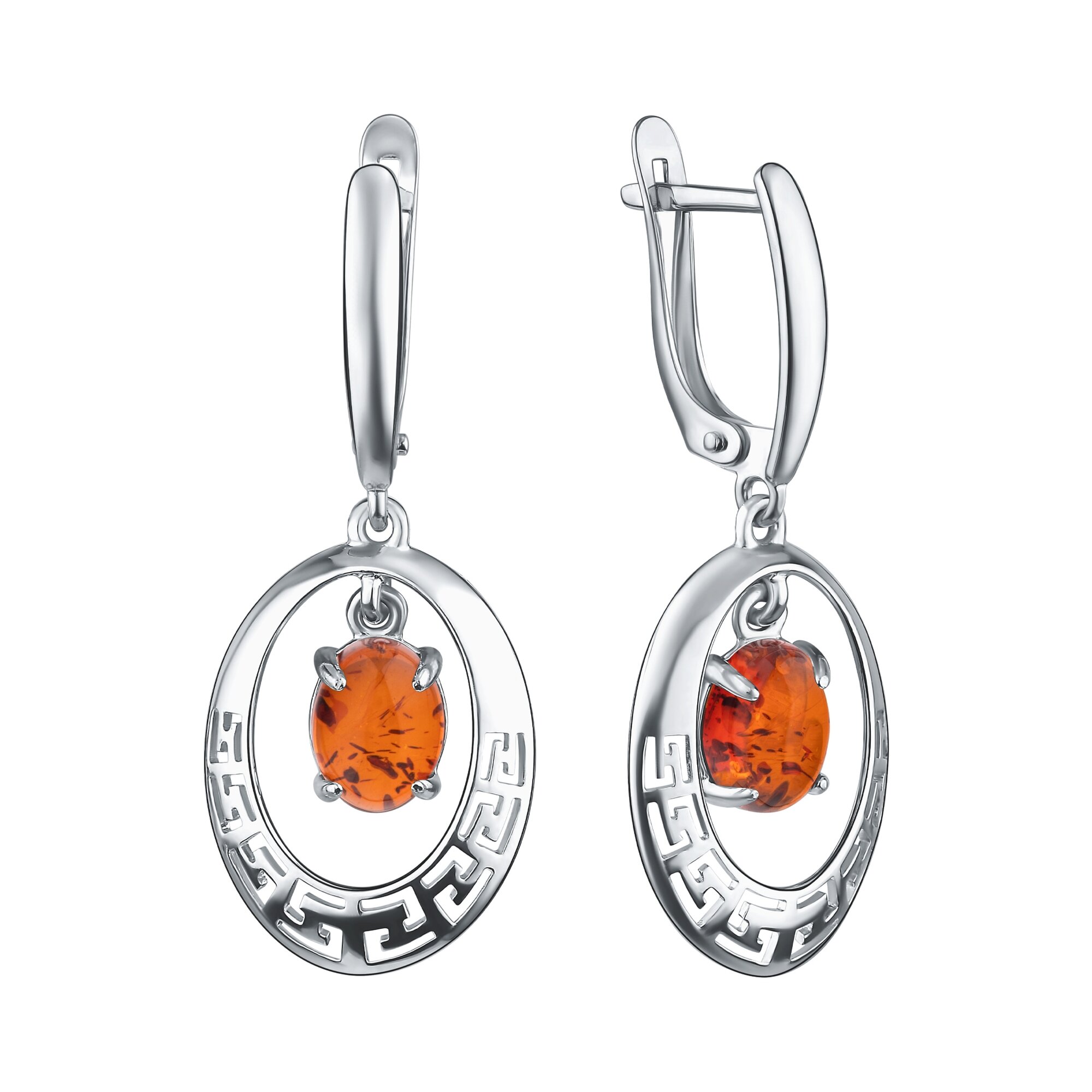 Серьги с подвесками, серебро, 925 проба, родирование, янтарь