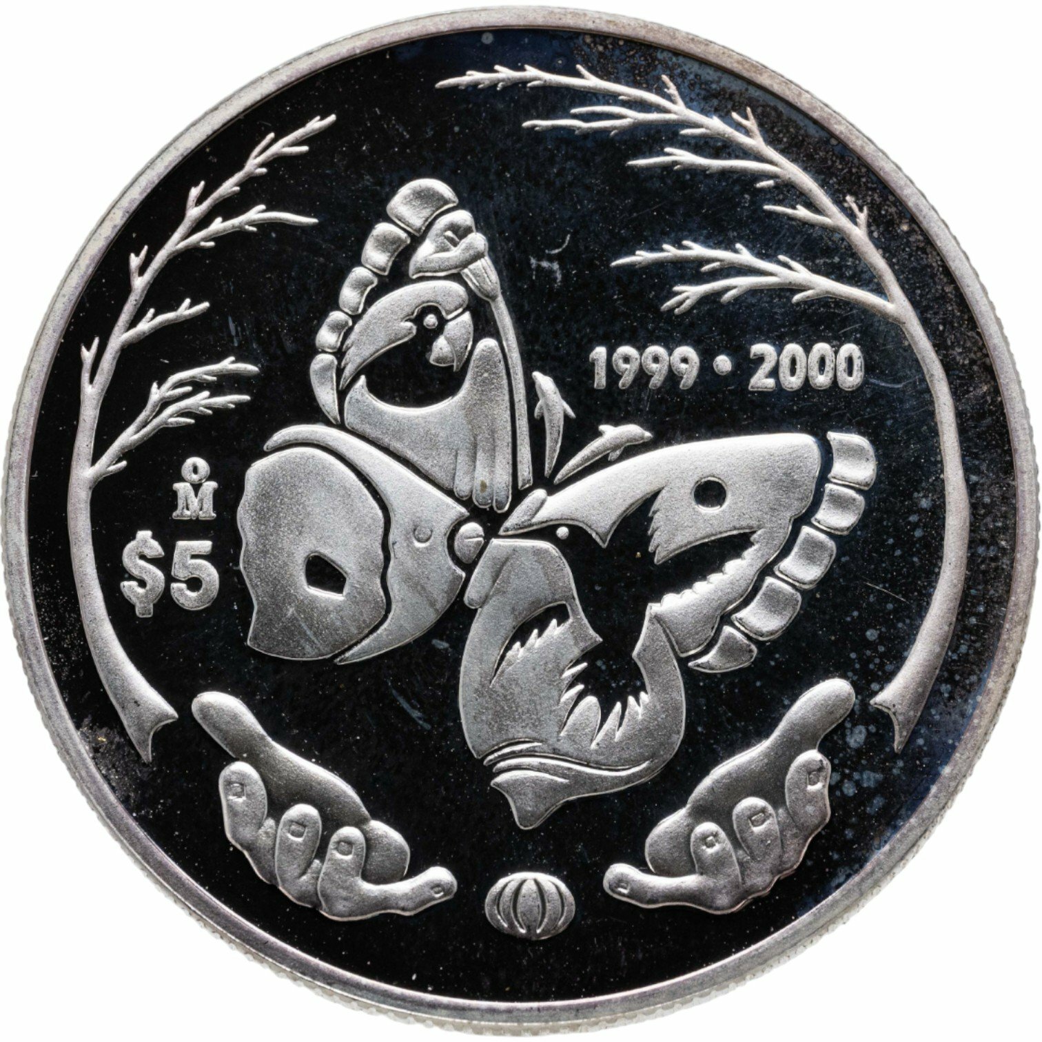 Мексика 5 песо pesos 2000 "Миллениум - Бабочка", Серебро 999, в сохранности Proof