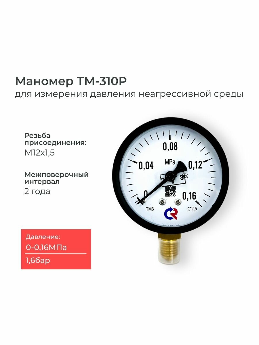 Манометр ТМ-310P давление 0-0.16 МПа (1.6 бар) резьба М12х1,5 класс точности 2,5 корпус 63 мм.