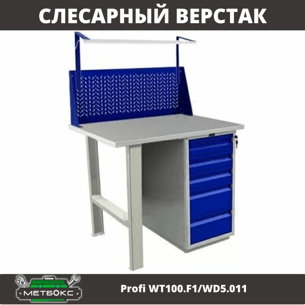Верстак однотумбовый слесарный Практик Profi W WT100. F1/WD5.011 (с перфорированным экраном и освещением, 1000 мм, для ремонтных работ, дома, гаража, СТО, универсальный)