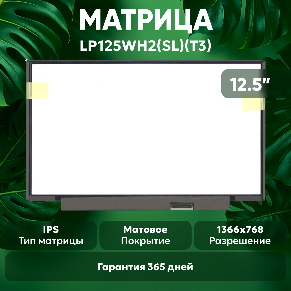 Матрица (экран) для ноутбука LP125WH2(SL)(T3), 12.5", 1366x768, Slim (тонкая), 40-pin, светодиодная (LED), матовая