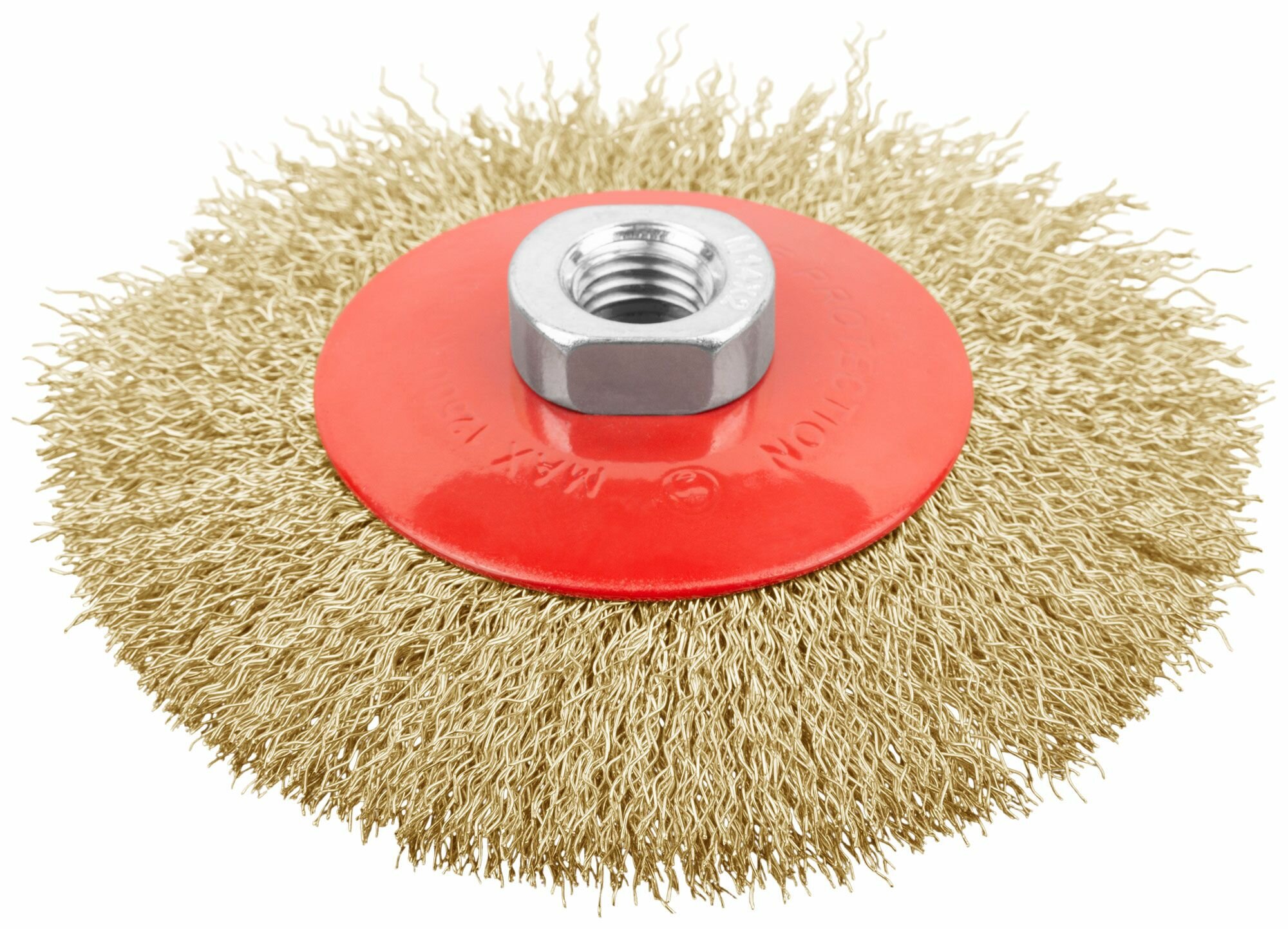 Корщетка-колесо с наклоном, гайка М14, стальная латунированная волнистая проволока 115 мм 39051