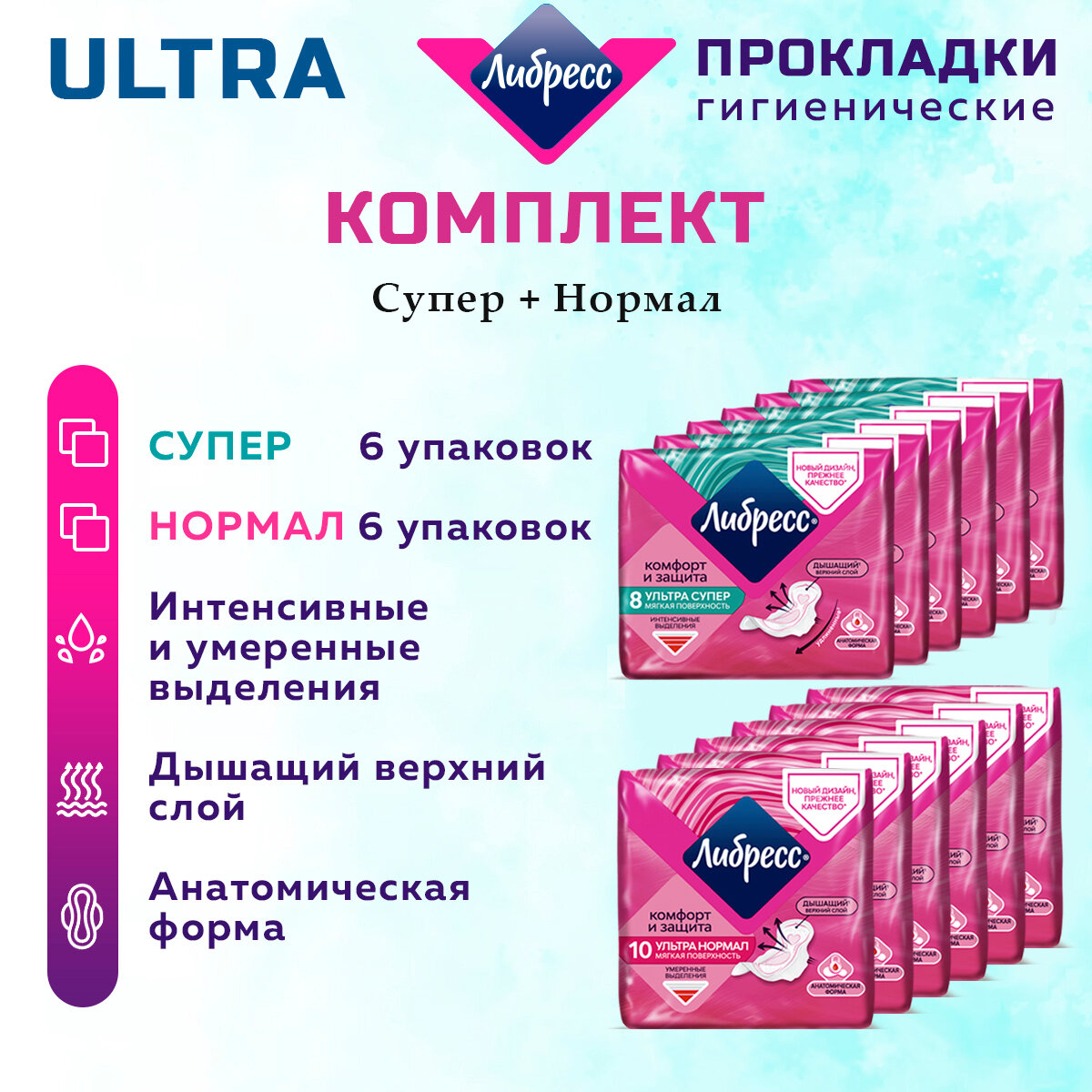 Прокладки женские LIBRESSE Ultra комплект супер 6 уп х 8 шт и нормал 6 уп х 10 шт