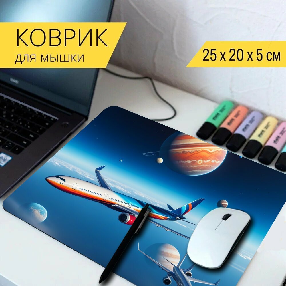 Коврик для мыши с принтом "Небо с большими планетами и самолетом" 25x20см.