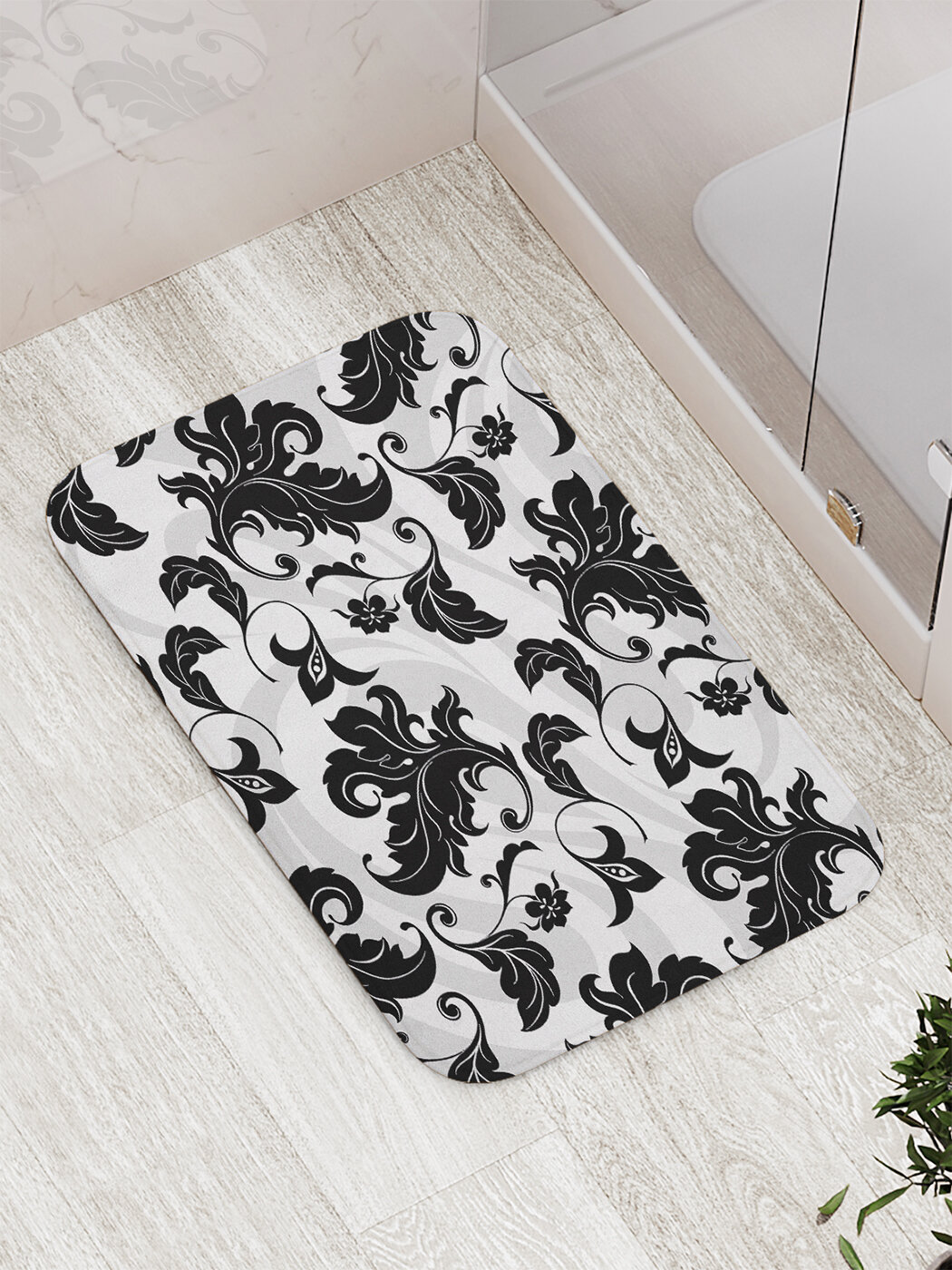 Коврик для ванной комнаты, туалета "Черные завитки" противоскользящий, 52х77 см, JoyArty