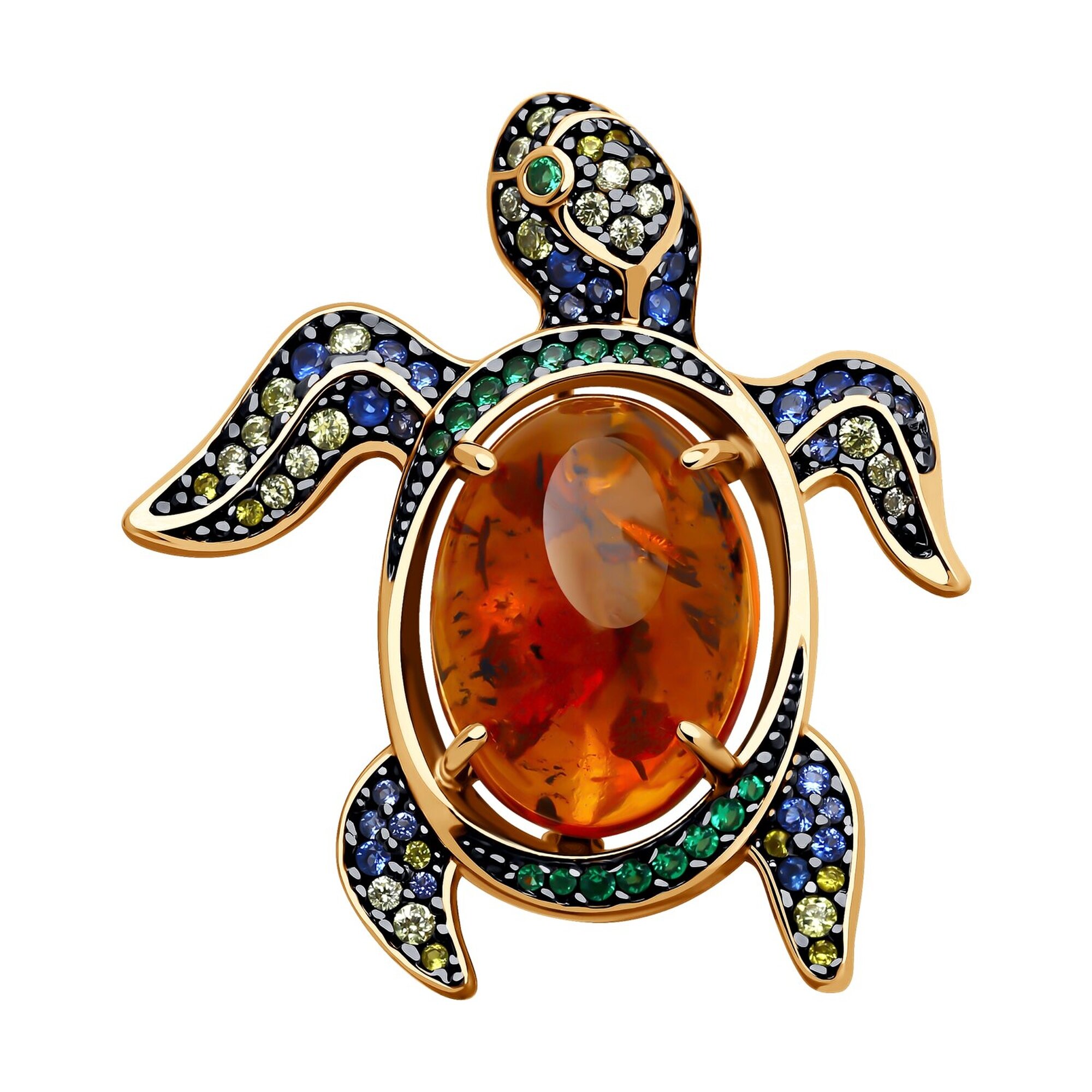 Брошь, серебро, 925 проба, золочение, фианит, янтарь