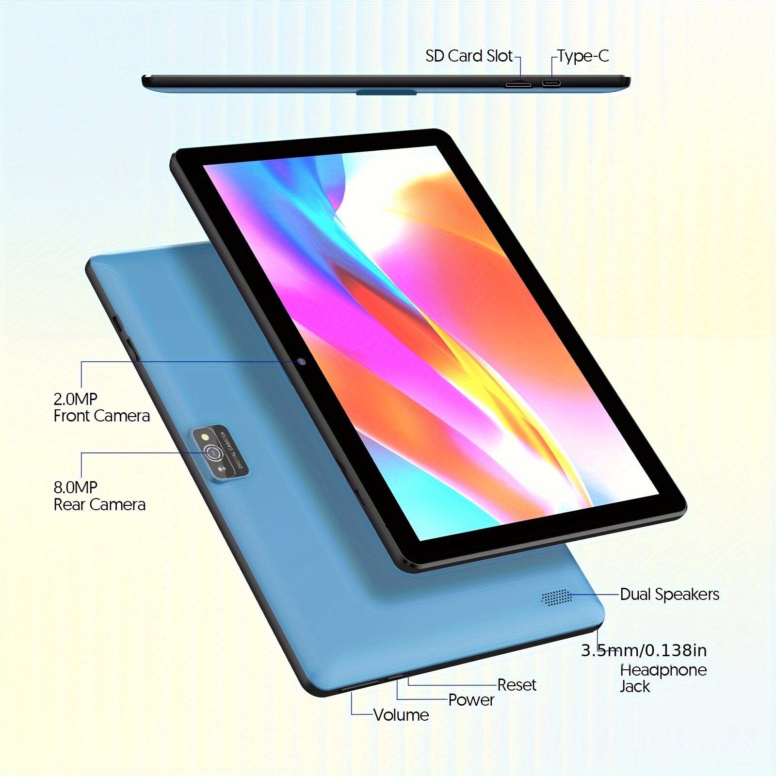 Планшет Android 13, 10,1-дюймовый планшет 2 в 1 с клавиатурой, HD защитный экран, процессор с четырьмя ядрами, 64 ГБ встроенной памяти, 3 ГБ ОЗУ, 5G двухдиапазонный Wifi6, двойная камера 2+8 МП