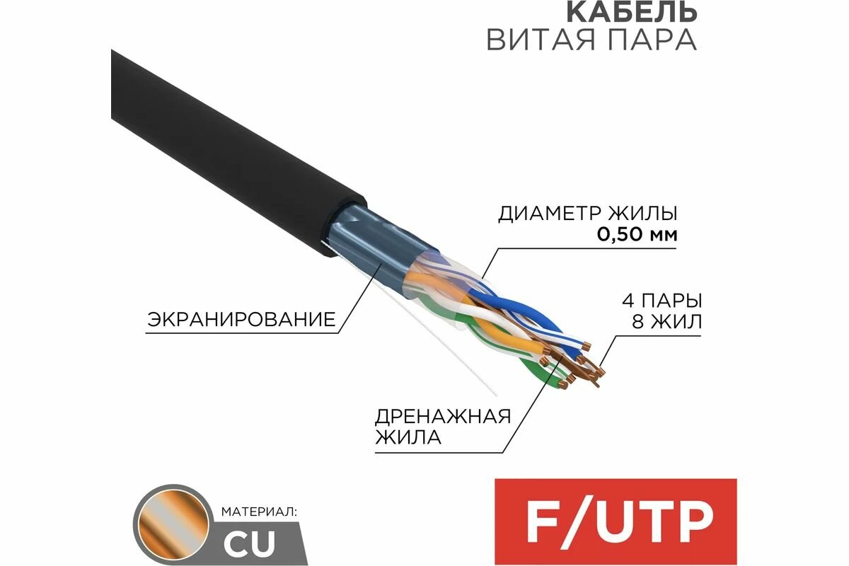 Кабель REXANT витая пара FTP 4PR 24AWG, CAT5e наружный OUTDOOR бухта 305м 01-0146-1