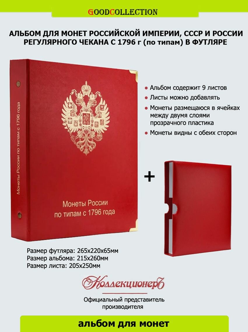 Альбом КоллекционерЪ для монет Российской Империи, РСФСР, СССР и РФ с 1796 (по типам) в футляре