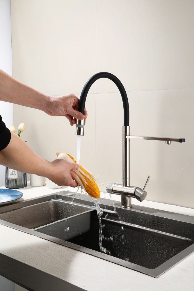 Смеситель для кухни с подключением к фильтру для питьевой воды, магнит, HANSEN HL15089-G Сатин + Черный