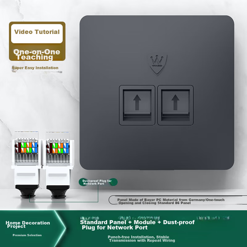 Cat6 Gigabit 86-Type Dual-Port Category 6 Network Panel with RJ45 Module Kit, Cat6 Ethernet Socket Computer Panel with Stable Connection Gigabit, No-Drill Information Module, Gray