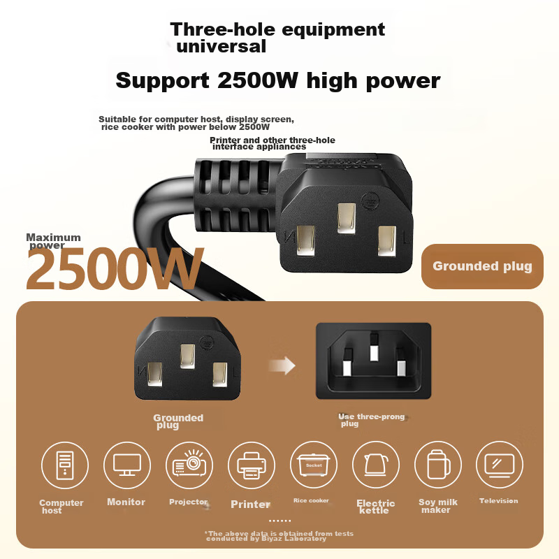 Biaze Computer Power Cord, 1 Meter, National Standard Three-Prong Plug, for Rice Cooker, Desktop Computer Case, Monitor, Electric Kettle, Curved Plug, Black