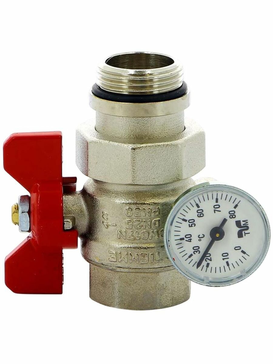 Tiemme Кран с американкой 1" НВ с термометром для коллектора, бабочка красная 2120043