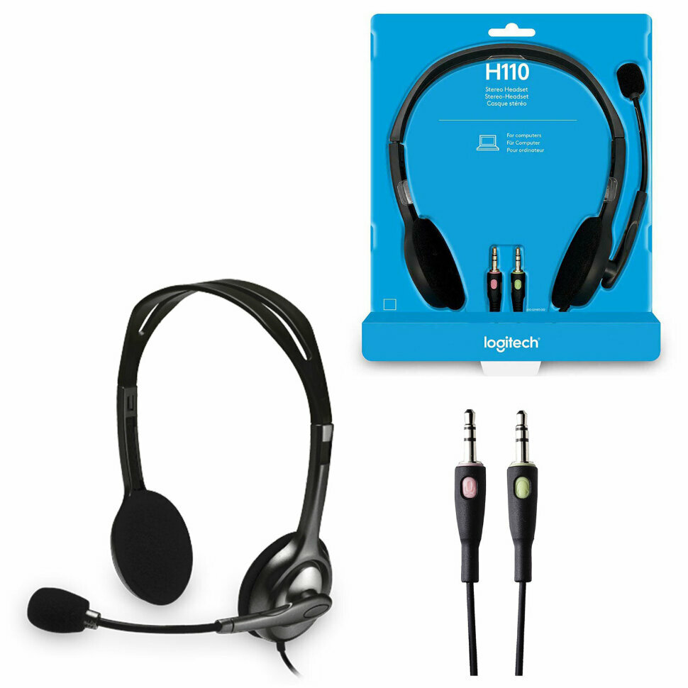 Наушники с микрофоном (гарнитура) LOGITECH H110, проводная, компьютерная, 1,83 м, стерео, 2 x mini jack 3,5 мм, черная, 511384