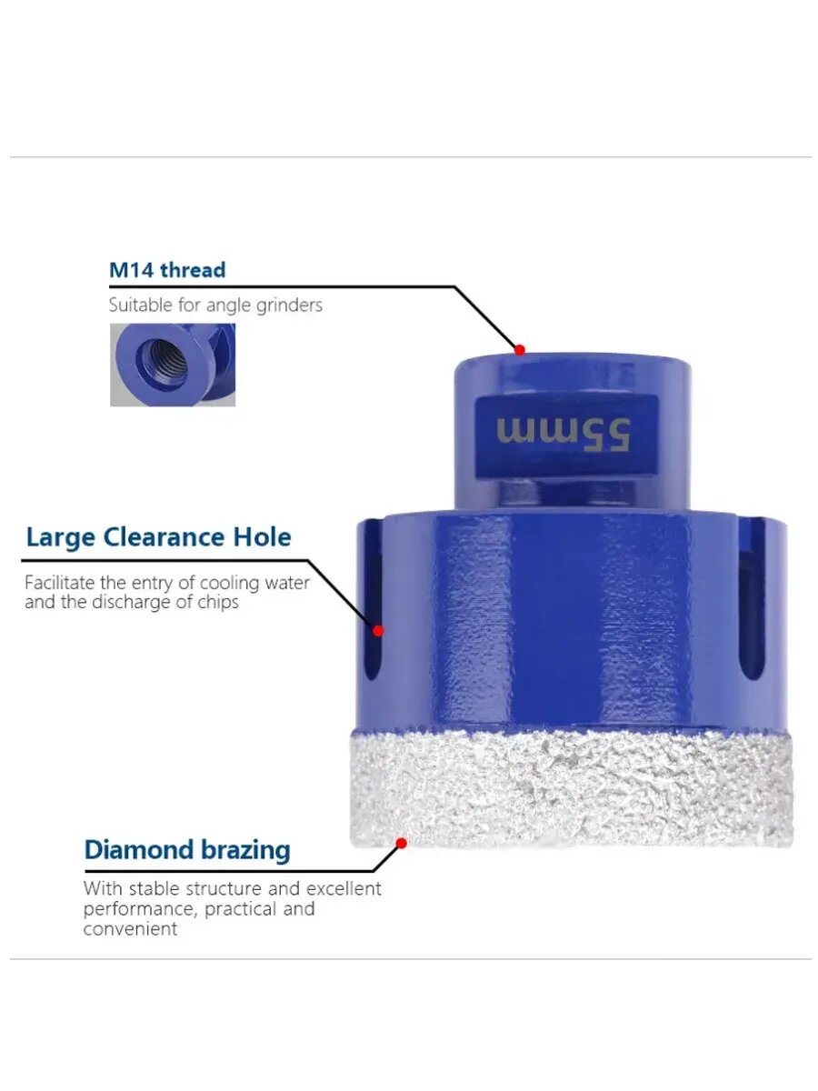 Коронка алмазная по керамике для УШМ М14, 70х75х15х1.5мм